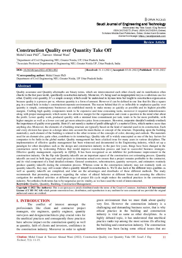 (PDF) Construction Quality over Quantity Take Off