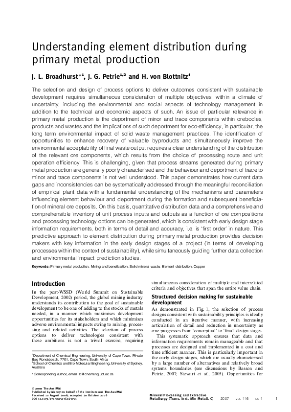 (PDF) Understanding element distribution during primary metal production