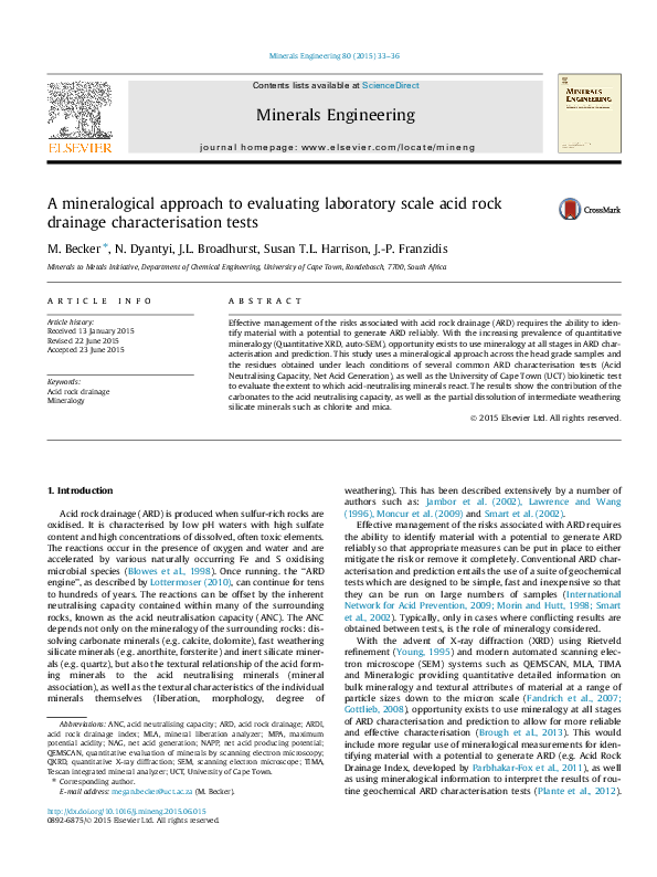 (PDF) Mineralogical Insights on Acid Rock Drainage Tests