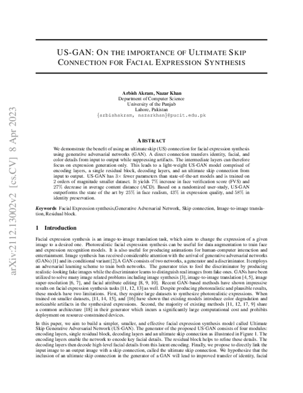 (PDF) US-GAN: On the importance of Ultimate Skip Connection for Facial Expression Synthesis