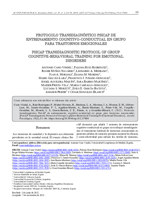 (PDF) Protocolo transdiagnóstico PsicAP de entrenamiento cognitivo ...