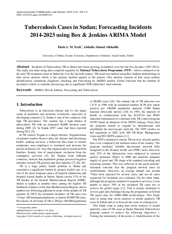 (PDF) Tuberculosis Cases in Sudan; Forecasting Incidents 2014-2023 using Box & Jenkins ARIMA Model