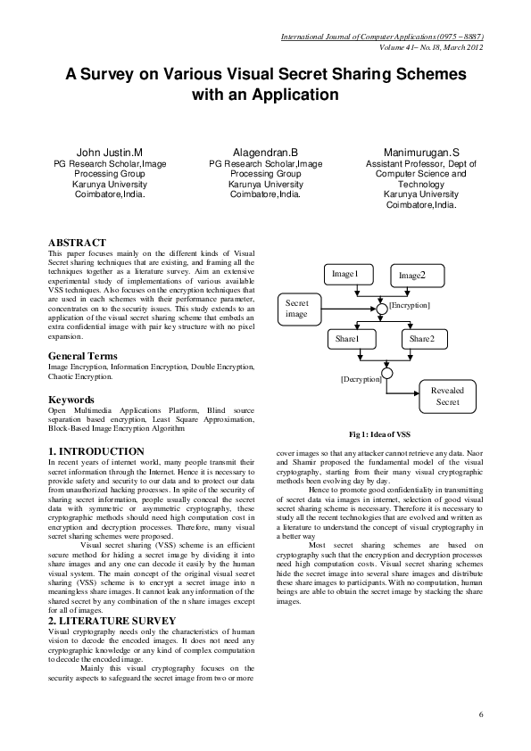 (PDF) A Survey on Various Visual Secret Sharing Schemes with an Application