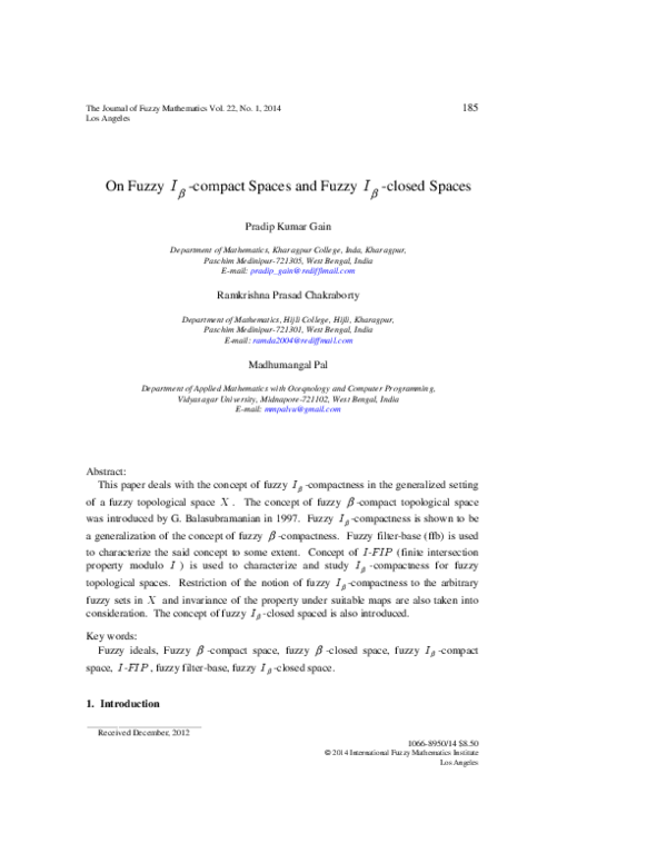 (PDF) On Fuzzy I b -compact Spaces and Fuzzy I b -closed Spaces