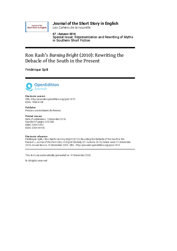 (PDF) Ron Rash's Burning Bright (2010): Rewriting the Debacle of the ...