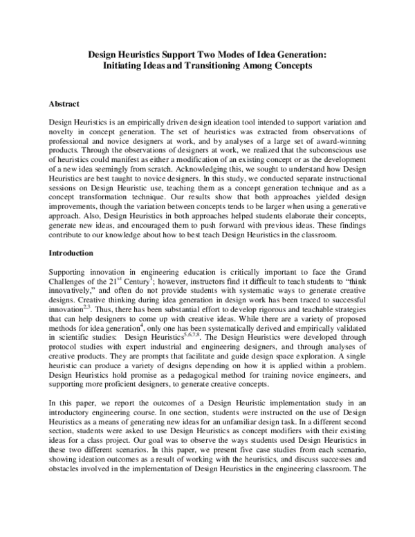 Pdf Design Heuristics Support Two Modes Of Idea Generation Initiating Ideas And Transitioning