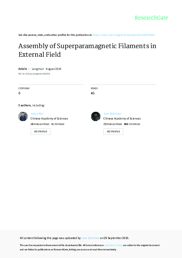 (PDF) Assembly of Superparamagnetic Filaments in External Field