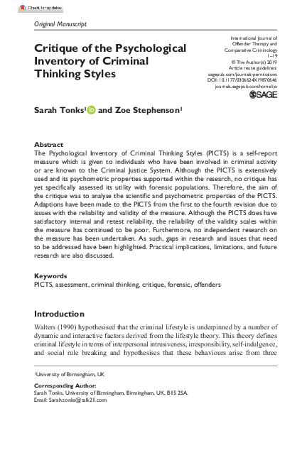 (PDF) Critique of the Psychological Inventory of Criminal Thinking Styles