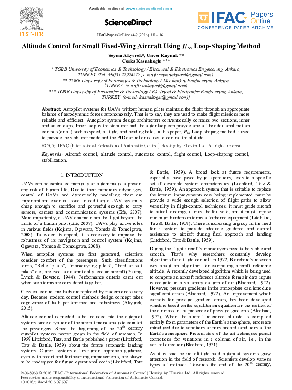 (PDF) Altitude Control for Small Fixed-Wing Aircraft Using H∞ Loop ...