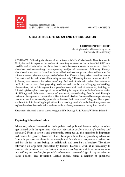 (PDF) A Beautiful Life as an End of Education