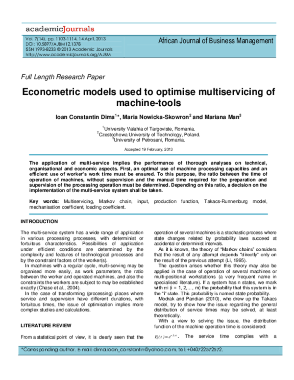 (PDF) Econometric models used to optimise multiservicing of machine-tools