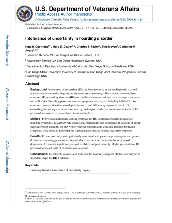 (PDF) Intolerance of uncertainty in hoarding disorder