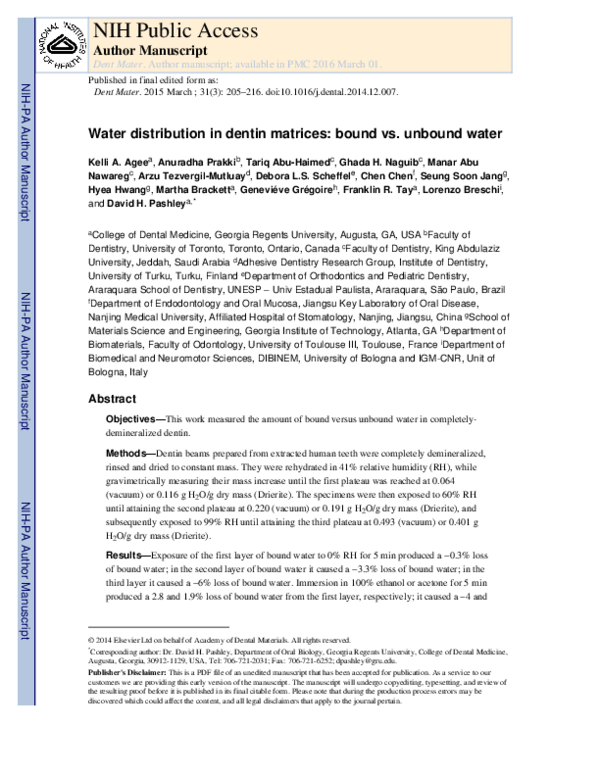 (PDF) Water distribution in dentin matrices: Bound vs. unbound water