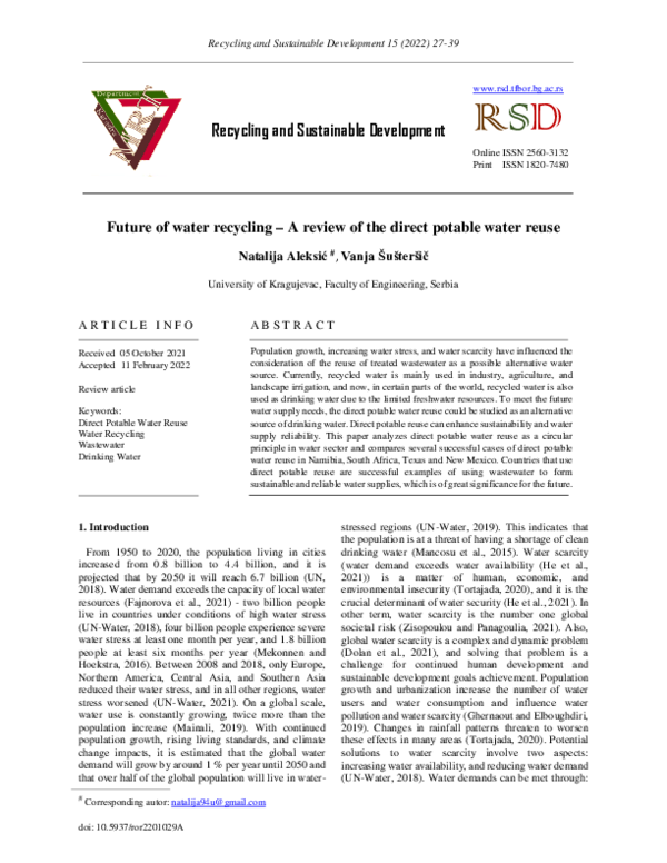 (PDF) Future of water recycling: A review of the direct potable water reuse