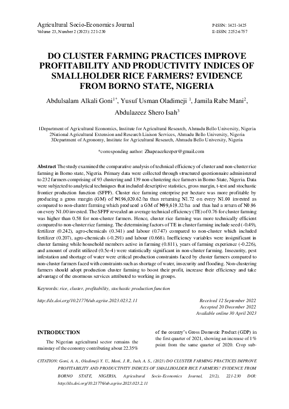 (PDF) Do Cluster Farming Practices Improve Profitability and ...