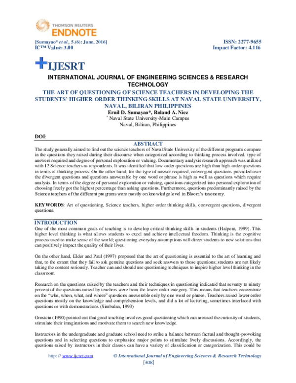 (PDF) The Art Of Questioning Of Science Teachers In Developing The ...