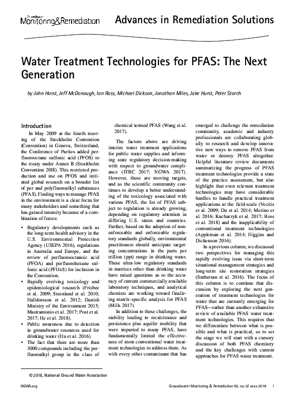 (PDF) Water Treatment Technologies for PFAS: The Next Generation