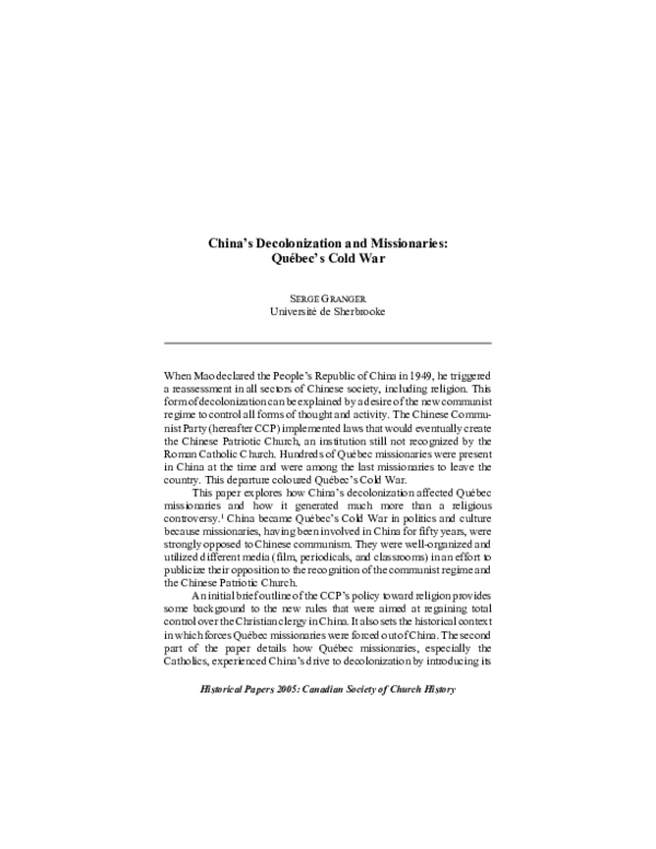 (PDF) China’s Decolonization and Missionaries: Québec’s Cold War
