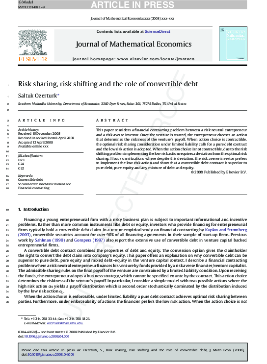 (PDF) Risk sharing, risk shifting and the role of convertible debt