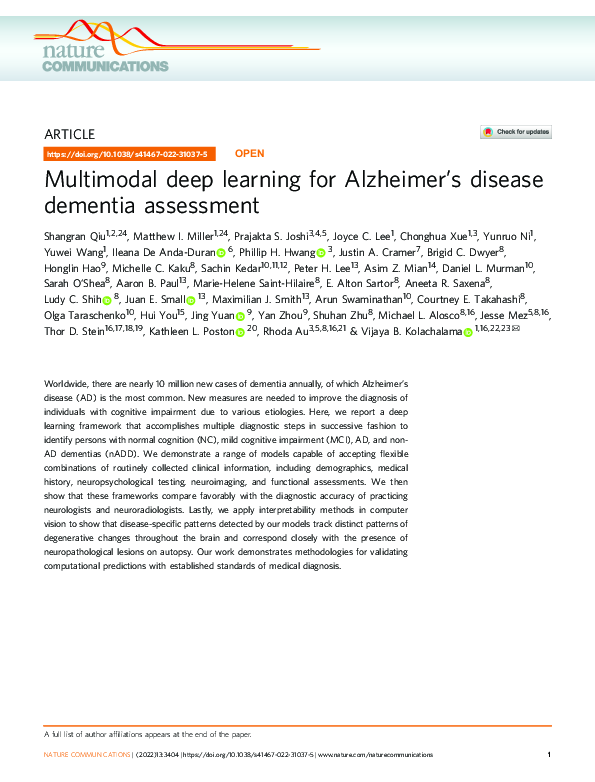 (PDF) Multimodal deep learning for Alzheimer’s disease dementia assessment