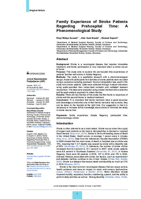 (PDF) Family Experience of Stroke Patients Regarding Prehospital Time ...