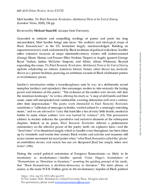 (PDF) Matt Sandler, The Black Romantic Revolution: Abolitionist Poets ...