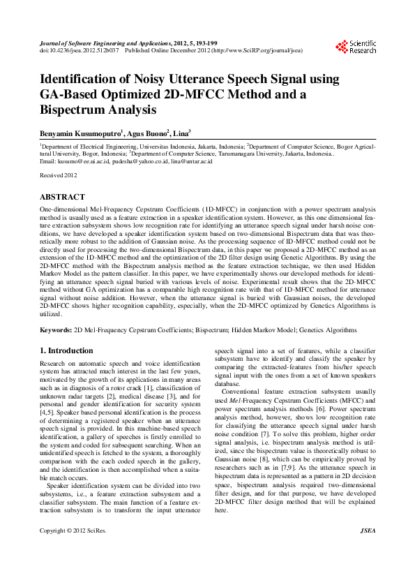 (PDF) Identification of Noisy Utterance Speech Signal using GA-Based Optimized 2D-MFCC Method ...