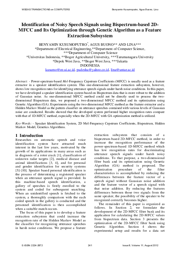 (PDF) Identification of Noisy Speech Signals using Bispectrum-based 2DMFCC and Its Optimization ...