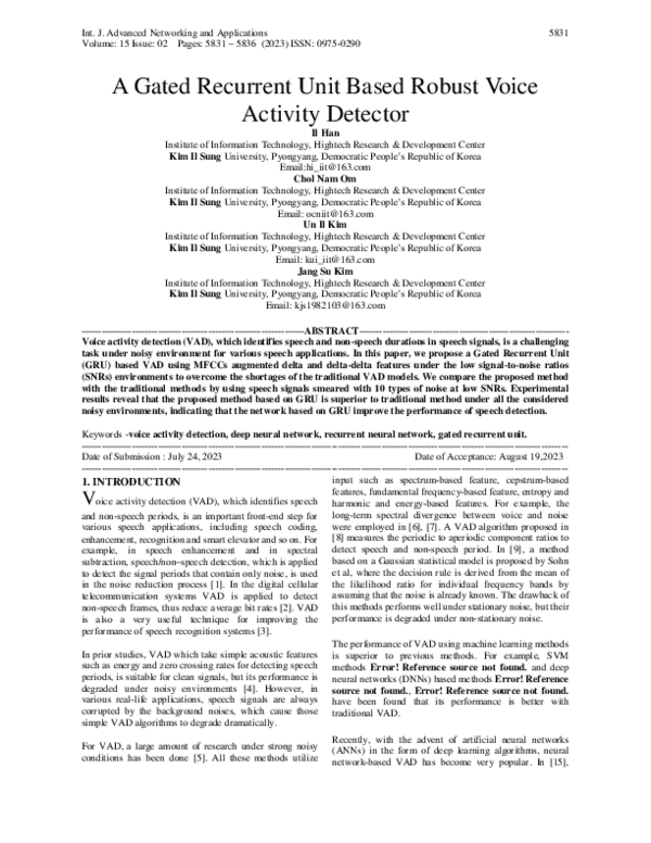 (PDF) A Gated Recurrent Unit Based Robust Voice Activity Detector