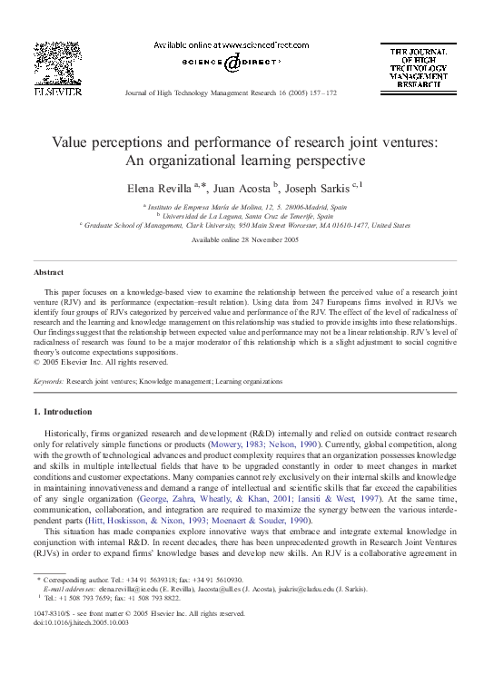 (PDF) Value perceptions and performance of research joint ventures: An ...