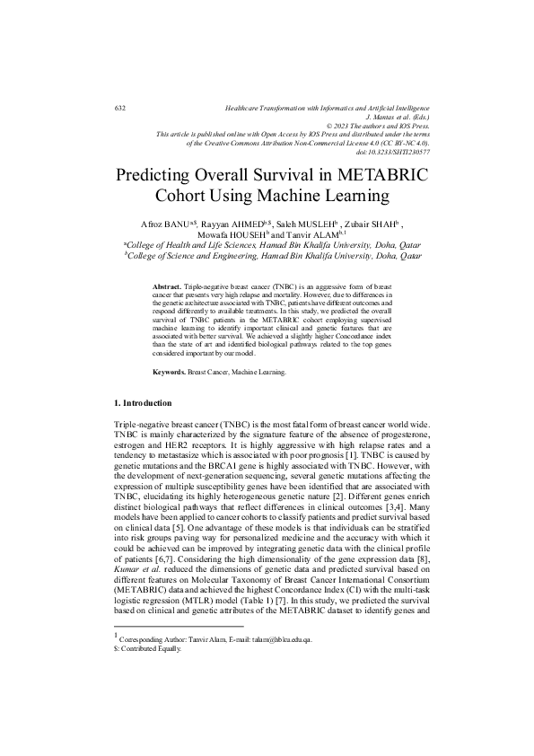 (PDF) Predicting Overall Survival in METABRIC Cohort Using Machine Learning