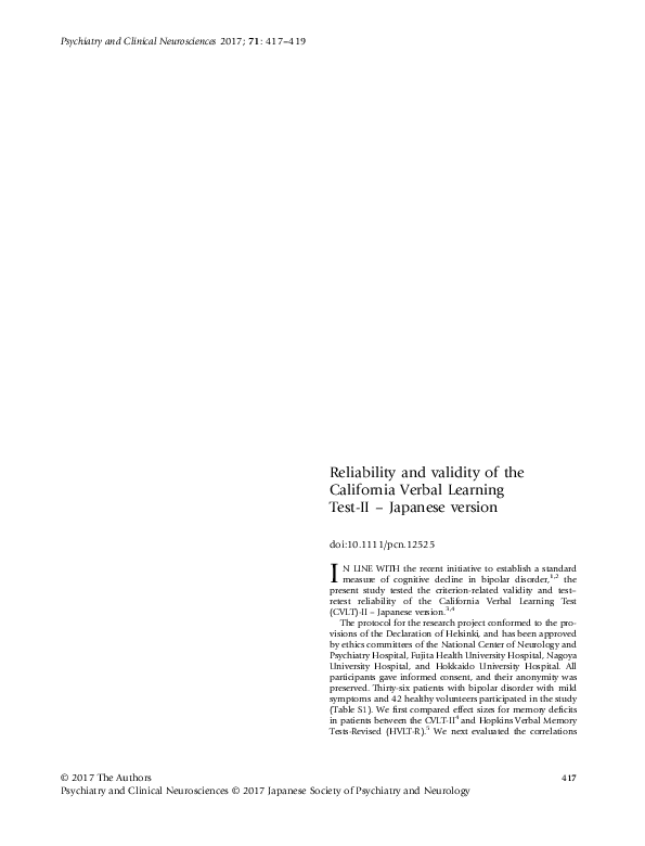 (PDF) Reliability and validity of the California Verbal Learning Test ...