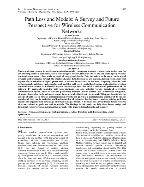 Pdf Path Loss And Models A Survey And Future Perspective For Wireless Communication Networks