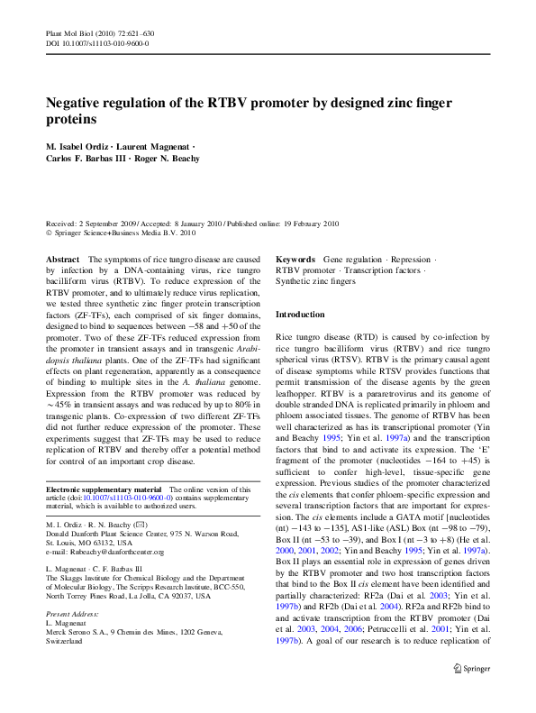 (PDF) Negative regulation of the RTBV promoter by designed zinc finger ...