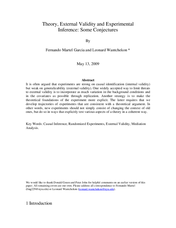 (PDF) Theory, External Validity, and Experimental Inference: Some ...
