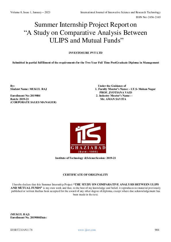 (PDF) Summer Internship Project Report on "A Study on Comparative Analysis Between ULIPS and ...