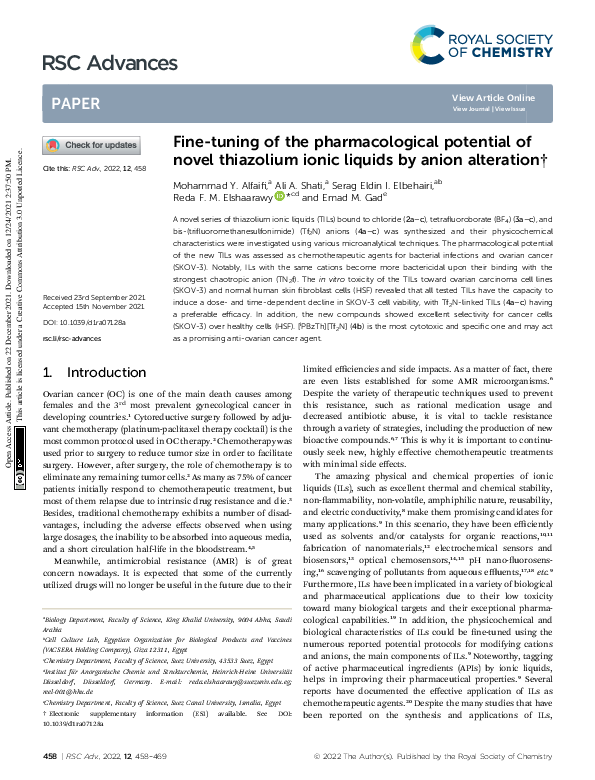 (PDF) Fine-tuning of the pharmacological potential of novel thiazolium ionic liquids by anion ...