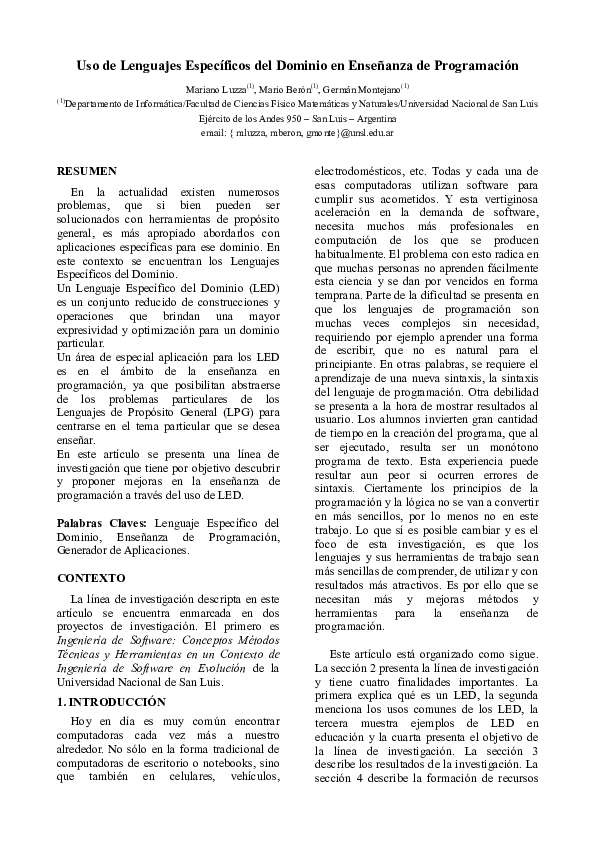 (PDF) Uso de lenguajes específicos del dominio en enseñanza de programación