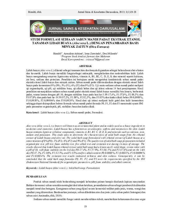(PDF) STUDI FORMULASI SEDIAAN SABUN MANDI PADAT EKSTRAK ETANOL TANAMAN LIDAH BUAYA (Aloe vera L ...