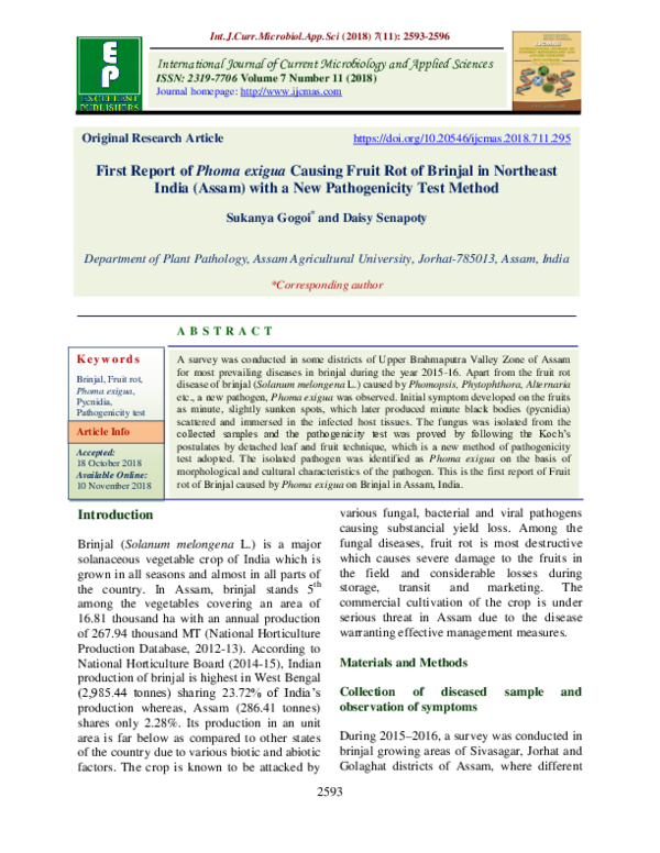 (PDF) First Report of Phoma exigua Causing Fruit Rot of Brinjal in ...