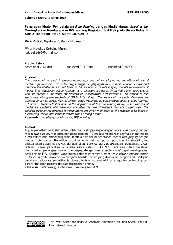 (PDF) Penerapan Model Pembelajaran Role Playing dengan Media Audio Visual untuk Meningkatkan ...