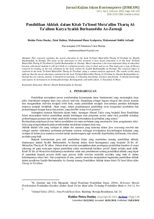(PDF) Pendidikan Akhlak dalam Kitab Ta’limul Muta’allim Thariq Al-Ta’allum Karya Syaikh ...