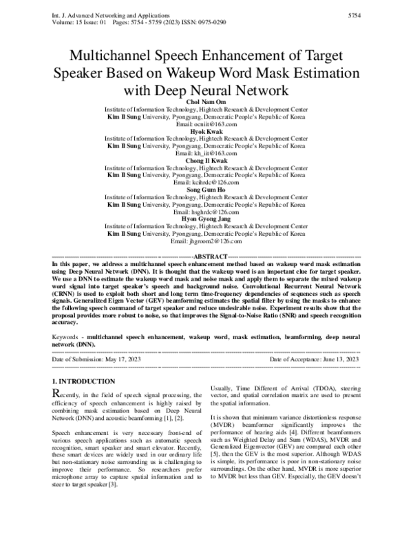 (PDF) Multichannel Speech Enhancement of Target Speaker Based on Wakeup Word Mask Estimation ...