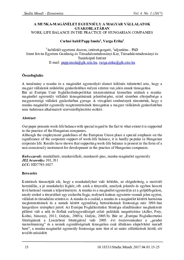 (PDF) A munka-magánélet egyensúly a magyar vállalatok gyakorlatában