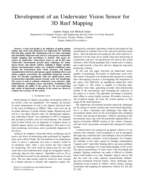 (PDF) Development of an Underwater Vision Sensor for 3D Reef Mapping