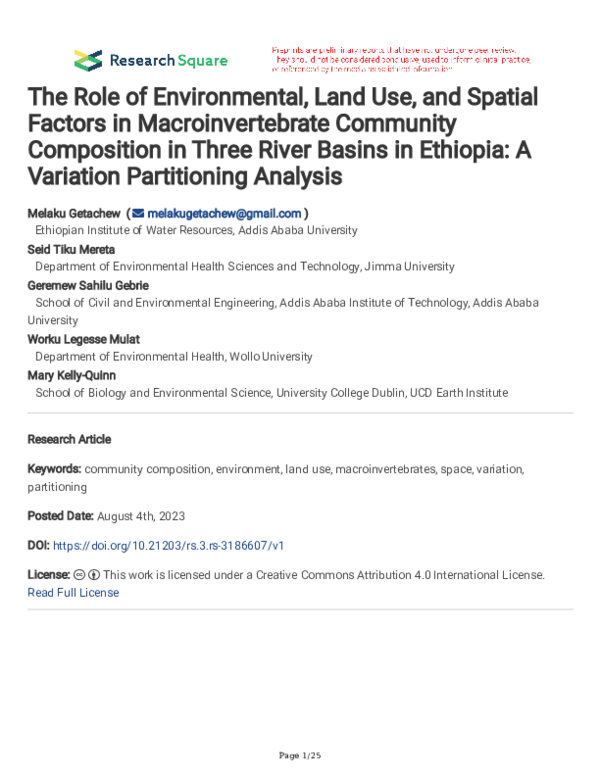 (PDF) The Role of Environmental, Land Use, and Spatial Factors in Macroinvertebrate Community ...