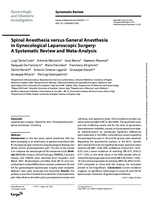 (PDF) Spinal Anesthesia versus General Anesthesia in Gynecological ...