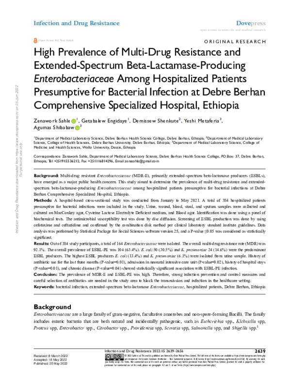 (PDF) High Prevalence of Multi-Drug Resistance and Extended-Spectrum Beta-Lactamase-Producing ...