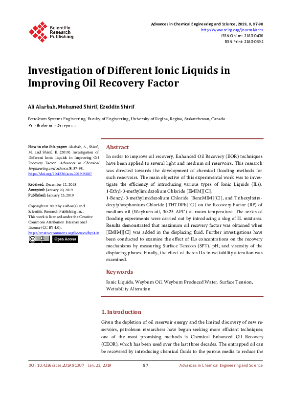 Pdf Investigation Of Different Ionic Liquids In Improving Oil Recovery Factor