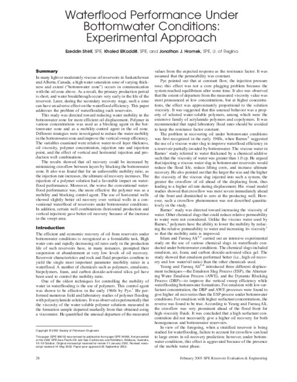 (PDF) Waterflood Performance Under Bottomwater Conditions: Experimental Approach